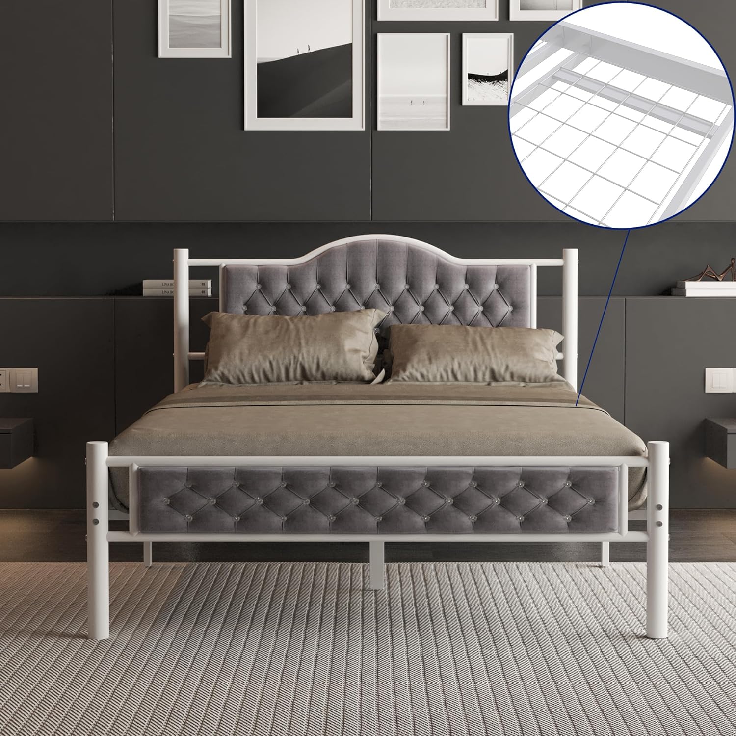 Milan Small Double Reinforced Mesh Base Upholstered Metal Bed Frame